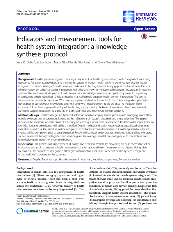 (PDF) Indicators and measurement tools for health systems integration ...