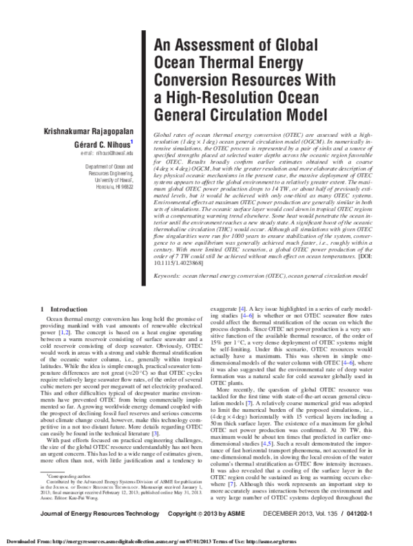 (PDF) An Assessment of Global Ocean Thermal Energy Conversion Resources ...