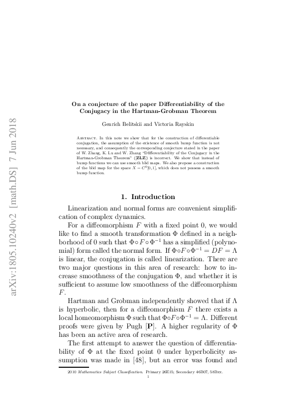 (PDF) On a conjecture of the paper Differentiability of the Conjugacy ...
