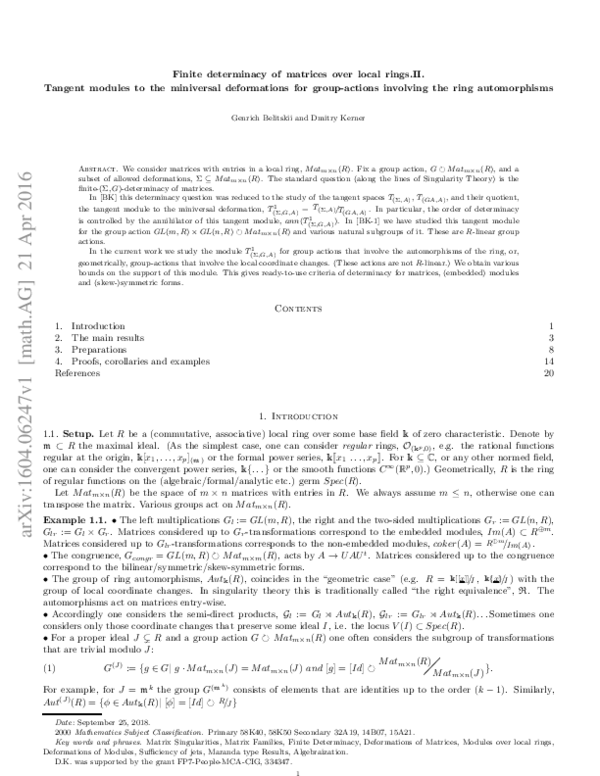 (PDF) Finite determinacy of matrices over local rings.II. Tangent ...