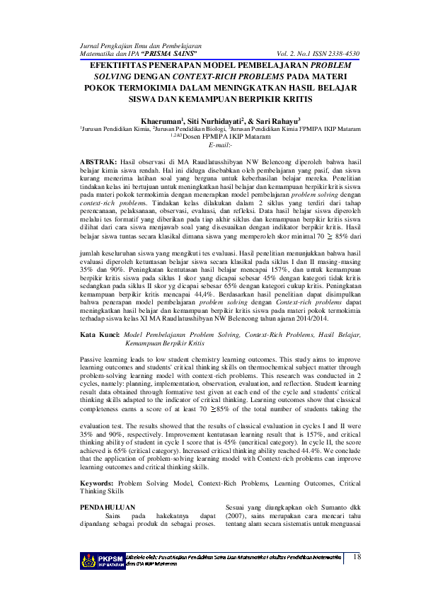 (PDF) Efektifitas Penerapan Model Pembelajaran Problem Solving Dengan Context-Rich Problems Pada ...