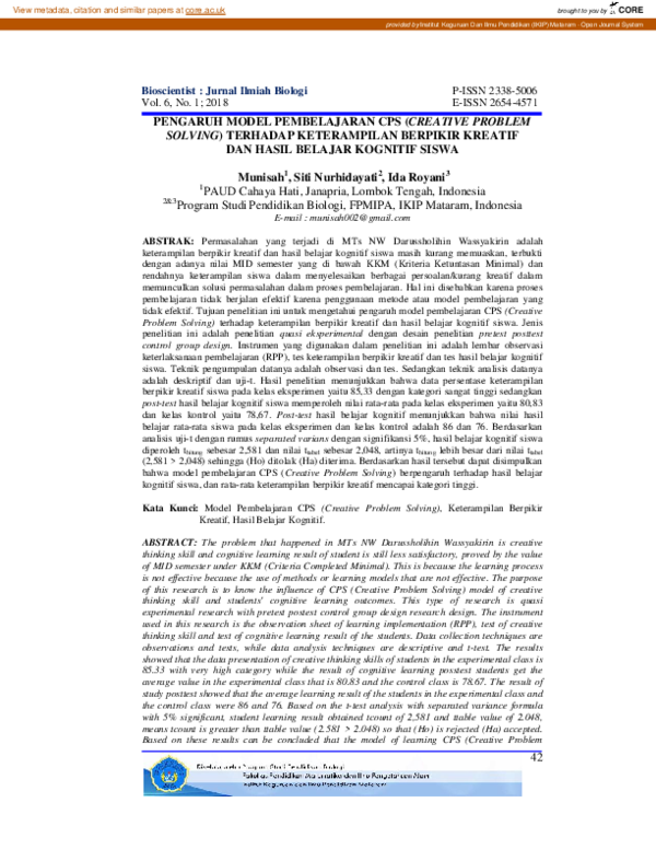(PDF) Pengaruh Model Pembelajaran CPS (Creative Problem Solving) Terhadap Keterampilan Berpikir ...