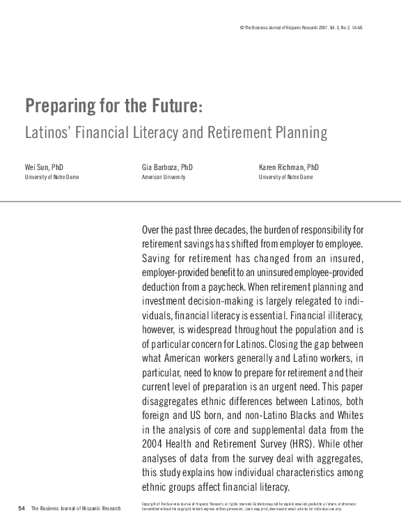 (PDF) Latinos' Financial Literacy and Retirement Planning