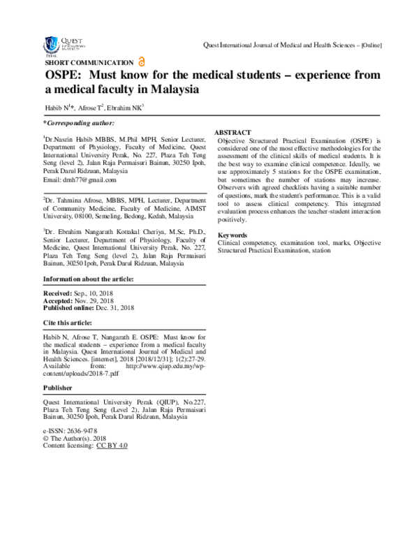 (PDF) OSPE: Must know for the medical students – experience from a ...