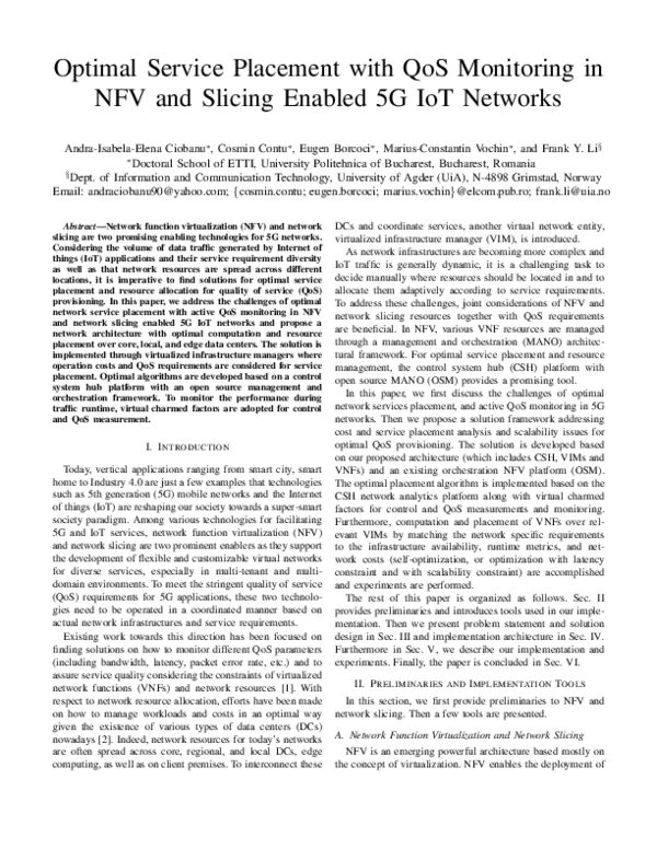 Pdf Optimal Service Placement With Qos Monitoring In Nfv And Slicing Enabled 5g Iot Networks