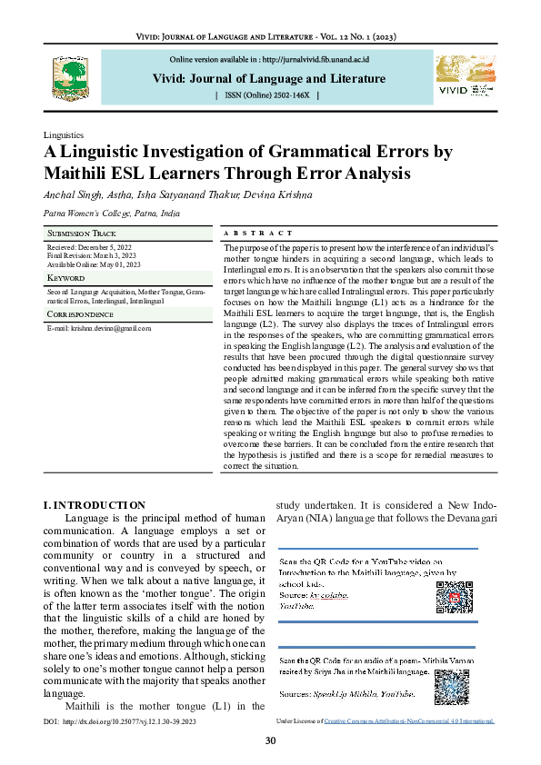 (PDF) A Linguistics Investigation of Grammatical Errors by Maithili ESL ...