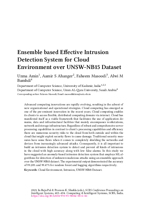(PDF) Ensemble based Effective Intrusion Detection System for Cloud Environment over UNSW-NB15 ...