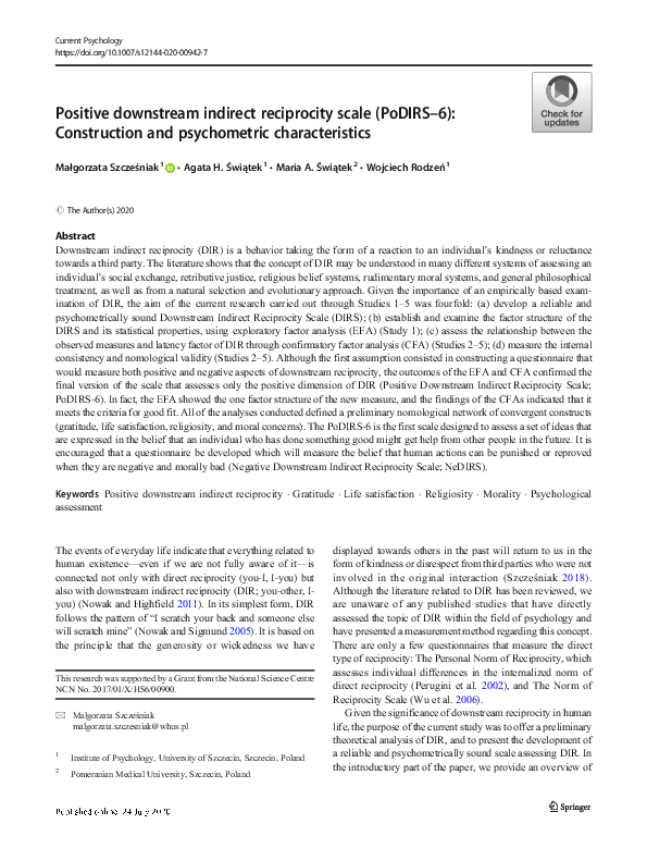 (PDF) Positive downstream indirect reciprocity scale (PoDIRS–6 ...