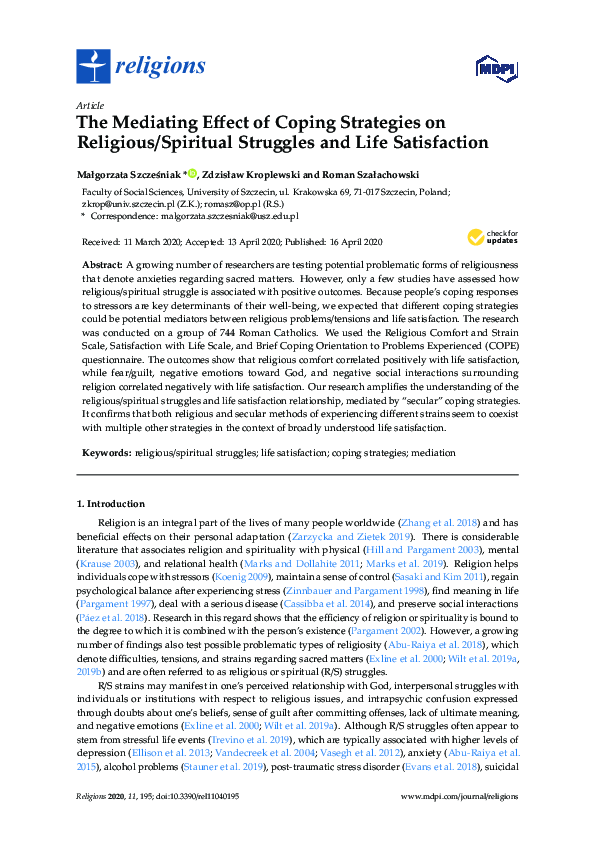 (PDF) The Mediating Effect of Coping Strategies on Religious/Spiritual ...