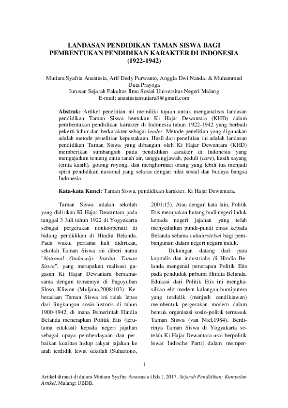(PDF) Landasan Pendidikan Taman Siswa bagi Pembentukan Pendidikan Karakter di Indonesia (1922 ...