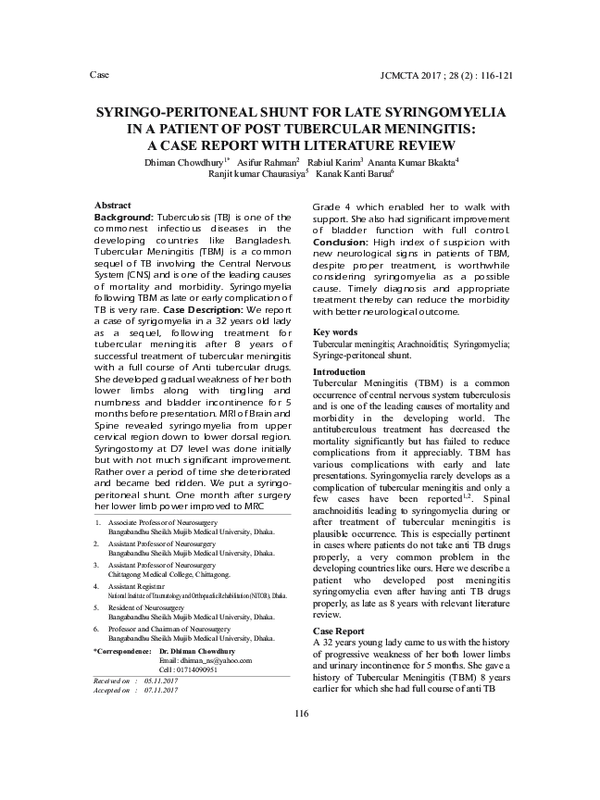 (PDF) Syringo-Peritoneal Shunt for Late Syringomyelia In a Patient of ...