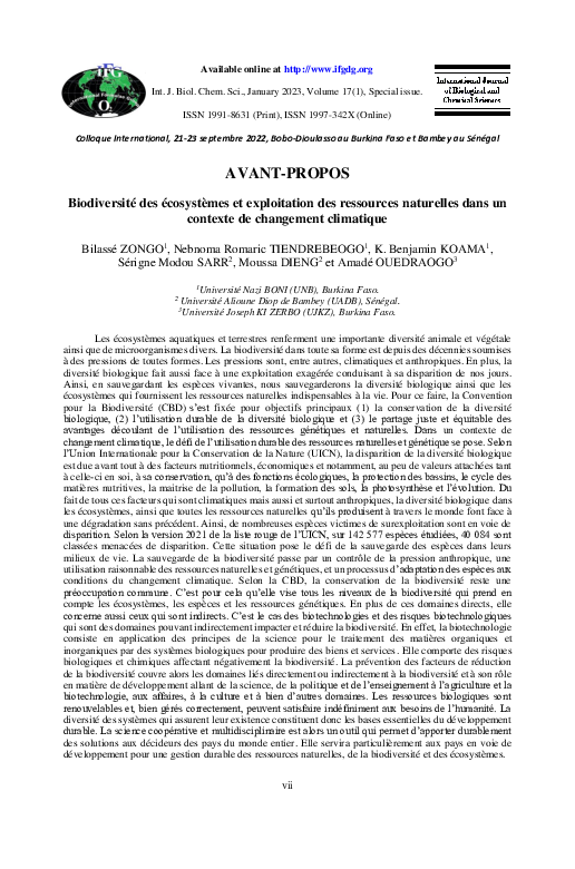 (PDF) AVANT-PROPOS: Biodiversité des écosystèmes et exploitation des ressources naturelles dans ...