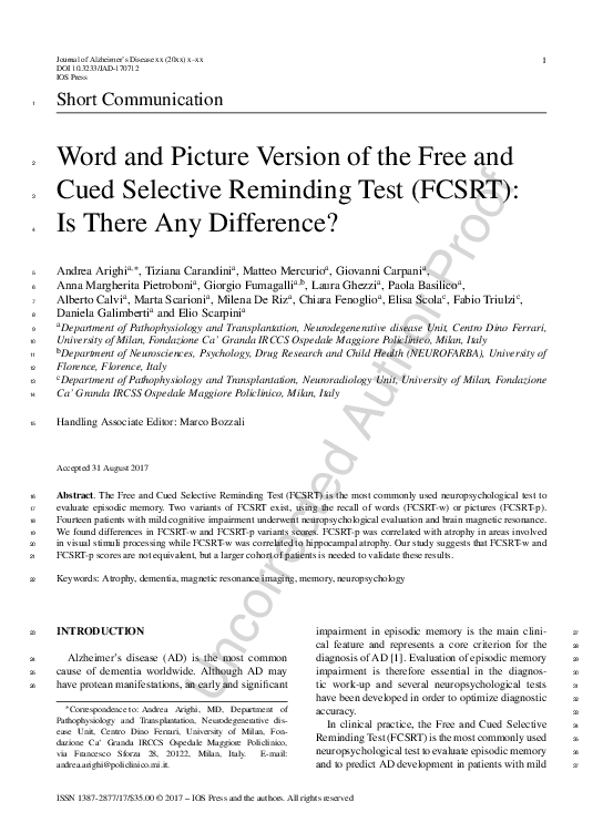 (PDF) Word and Picture Version of the Free and Cued Selective Reminding ...