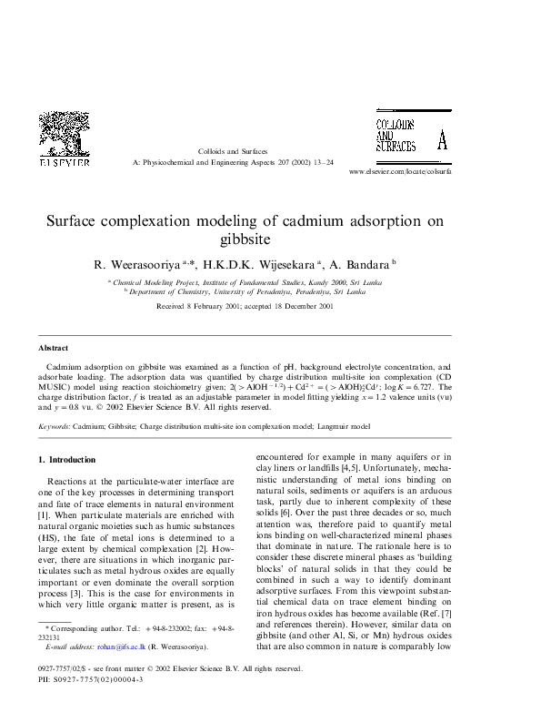 Pdf Surface Complexation Modeling Of Cadmium Adsorption On Gibbsite