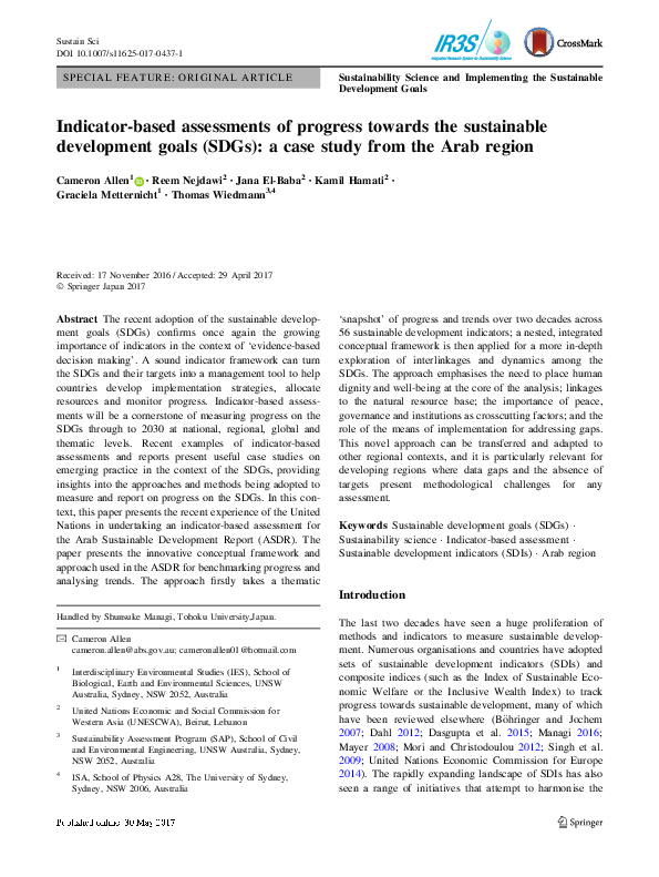 (PDF) Indicator-based assessments of progress towards the sustainable development goals (SDGs ...