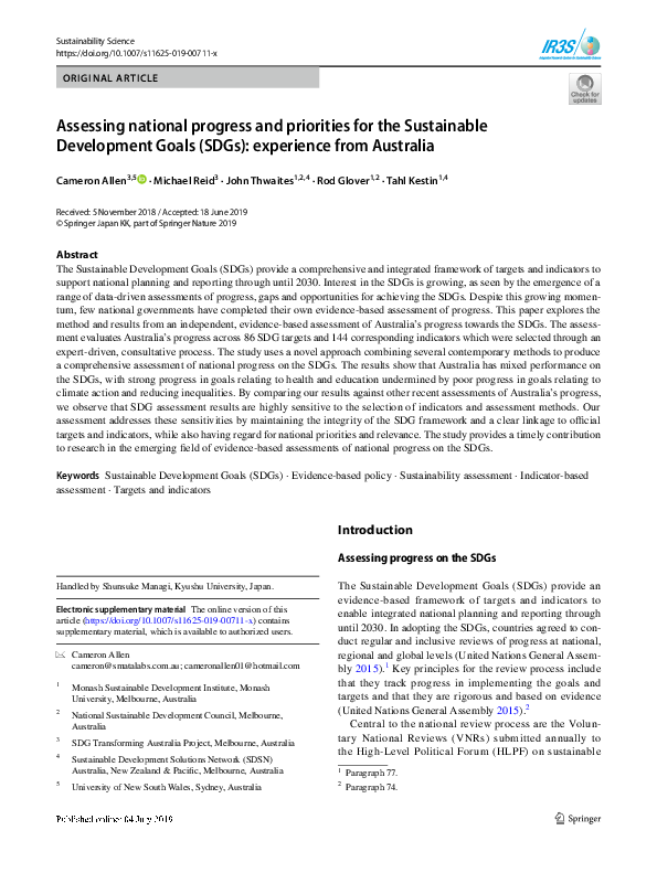 (PDF) Assessing national progress and priorities for the Sustainable ...