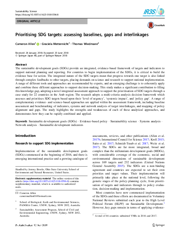 (PDF) Prioritising SDG targets: assessing baselines, gaps and interlinkages