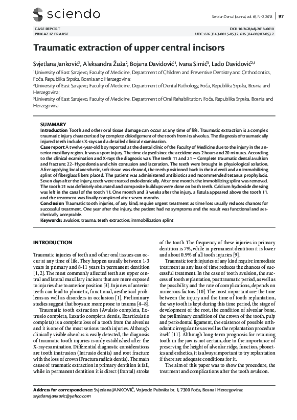 (PDF) Traumatic extraction of upper central incisors