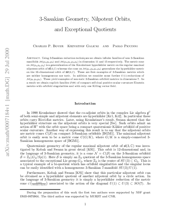 (PDF) 3-Sasakian Geometry, Nilpotent Orbits, and Exceptional Quotients