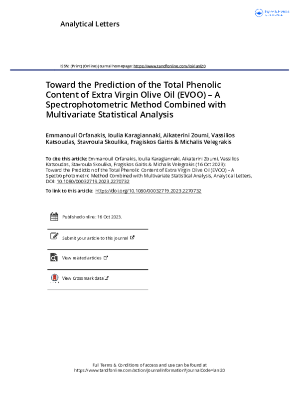 (PDF) Toward the Prediction of the Total Phenolic Content of Extra Virgin Olive Oil (EVOO) -A ...
