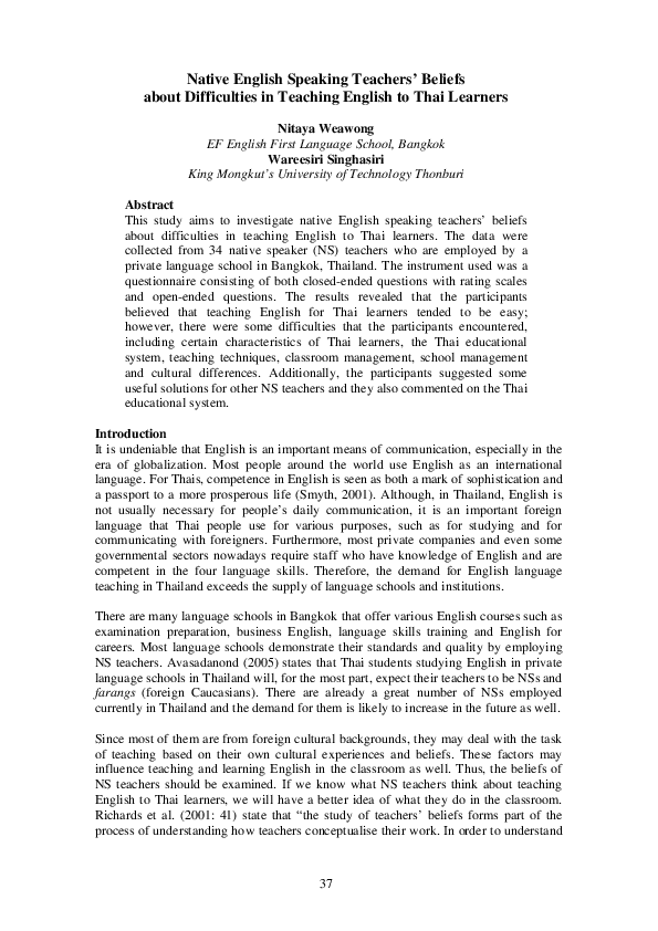 (PDF) Native English Speaking Teachers’ Beliefs about Difficulties in ...