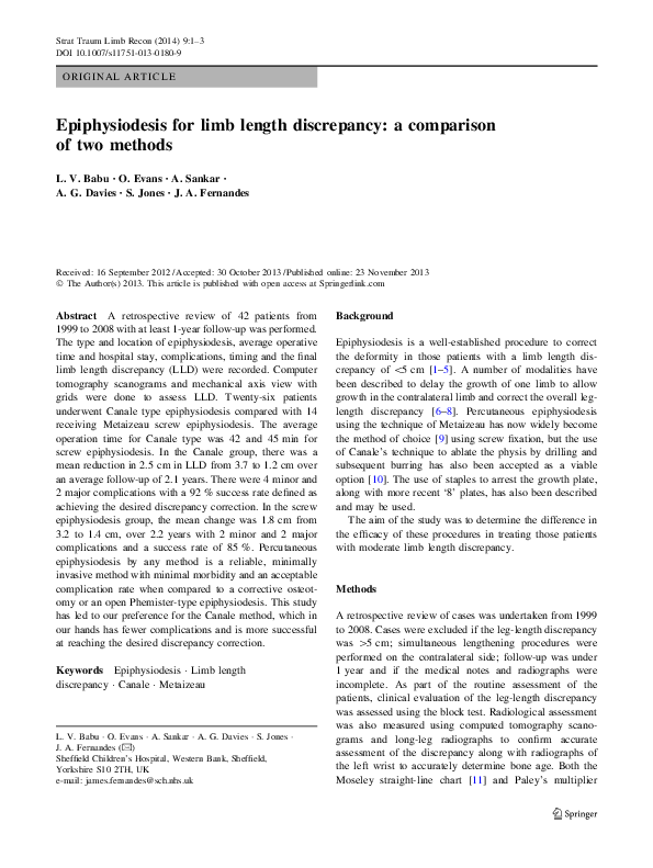 (PDF) Epiphysiodesis for limb length discrepancy: a comparison of two ...