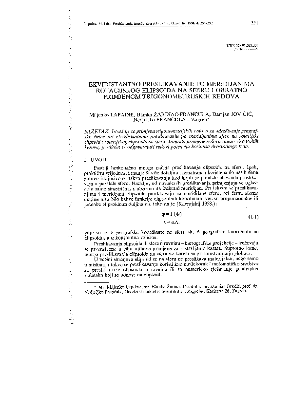 Pdf Equidistant Mapping Along Meridians Of The Rotational Ellipsoid Onto A Sphere And Vice