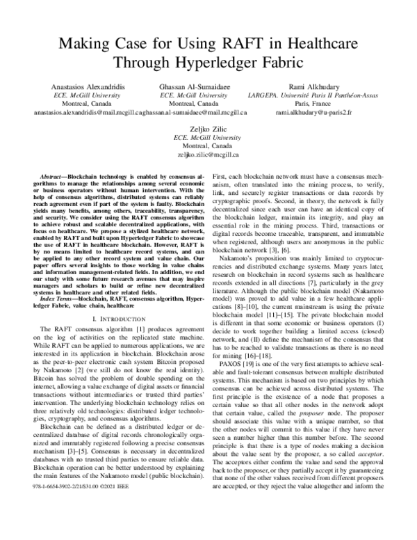 (PDF) Making Case for Using RAFT in Healthcare Through Hyperledger Fabric