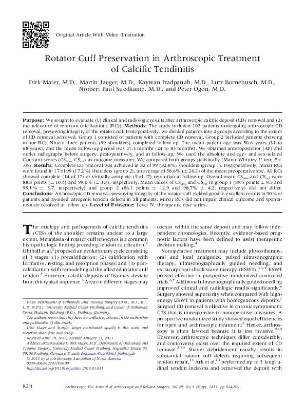 (PDF) Rotator Cuff Preservation in Arthroscopic Treatment of Calcific ...
