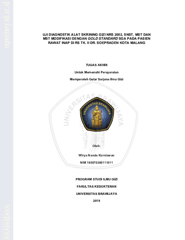 (PDF) Uji Diagnostik Alat Skrining Gizi NRS 2002, SNST, MST Dan MST Modifikasi dengan Gold ...