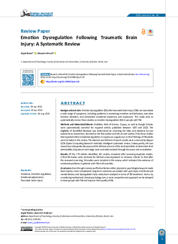 (PDF) Emotion Dysregulation Following Traumatic Brain Injury: A ...