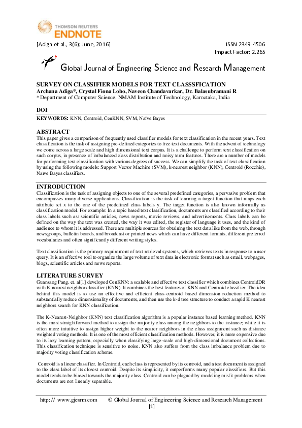 Pdf Survey On Classifier Models For Text Classsfication