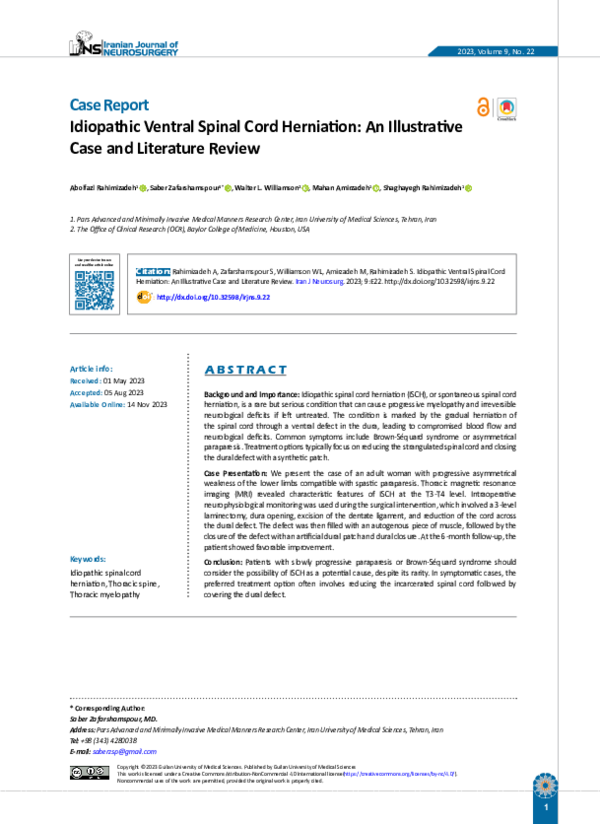 Pdf Idiopathic Ventral Spinal Cord Herniation An Illustrative Case