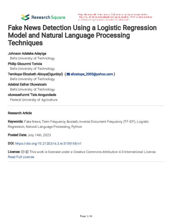 (PDF) Fake News Detection Using a Logistic Regression Model and Natural Language Processing ...