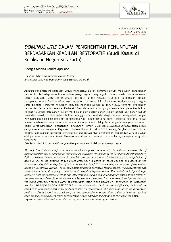 (PDF) DOMINUS LITIS DALAM PENGHENTIAN PENUNTUTAN BERDASARKAN KEADILAN RESTORATIF (Studi Kasus di ...