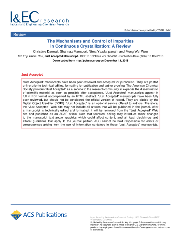 (PDF) Mechanisms and Control of Impurities in Continuous Crystallization: A Review