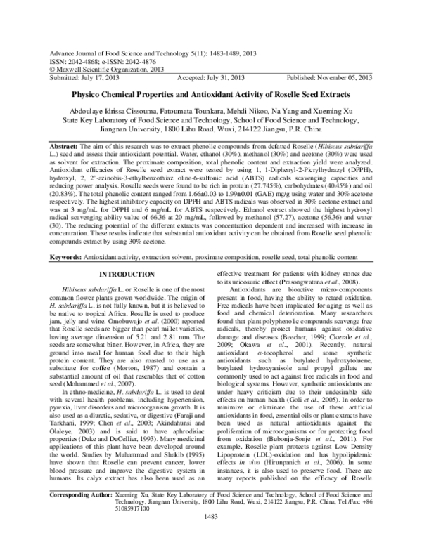 (PDF) Physico Chemical Properties and Antioxidant Activity of Roselle Seed Extracts