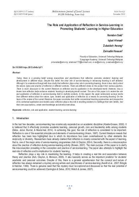(PDF) The Role and Application of Reflection in Service-Learning in ...