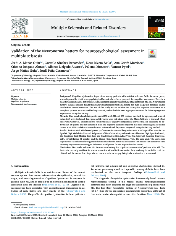 (PDF) Validation of the Neuronorma battery for neuropsychological assessment in multiple sclerosis