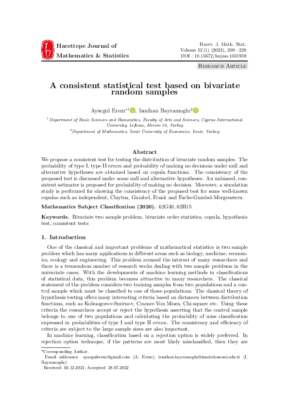 (PDF) A consistent statistical test based on bivariate random samples