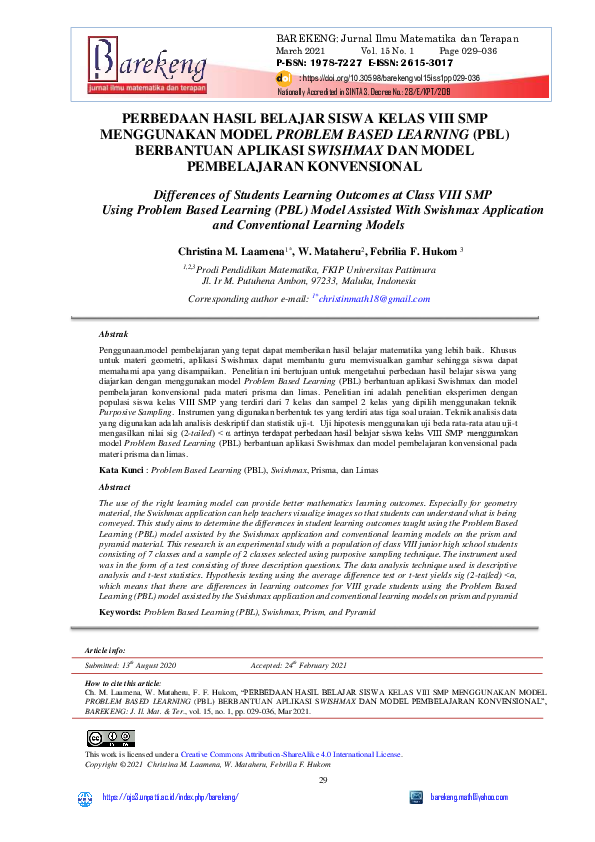 (PDF) Perbedaan Hasil Belajar Siswa Kelas VIII SMP Menggunakan Model Problem Based Learning (PBL ...