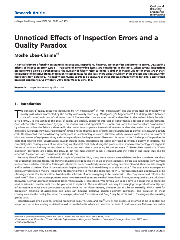 (PDF) Unnoticed Effects of Inspection Errors and a Quality Paradox