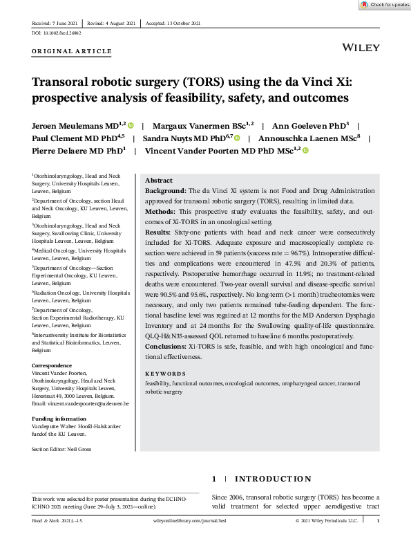 (PDF) Transoral robotic surgery (TORS) using the da Vinci Xi ...