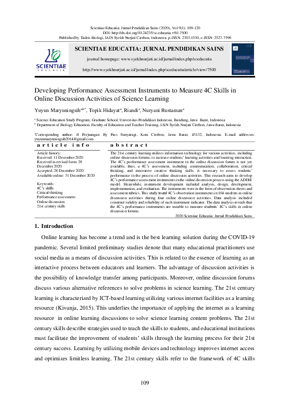 (PDF) Developing Performance Assessment Instruments to Measure 4C Skills in Online Discussion ...
