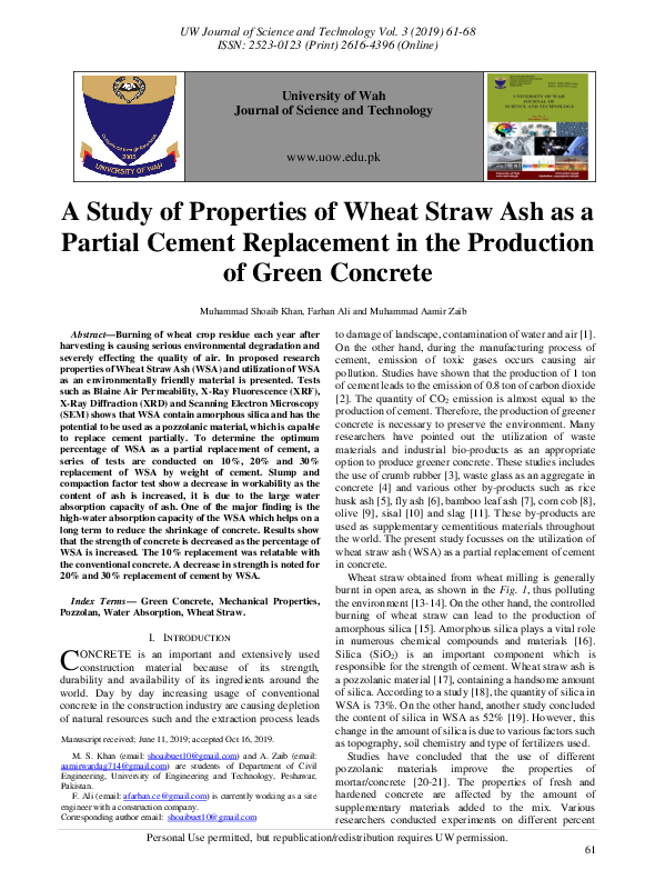 (PDF) A Study of Properties of Wheat Straw Ash as a Partial Cement ...