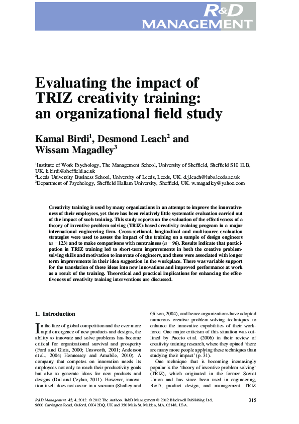 Pdf Triz Training S Impact On Engineer Creativity