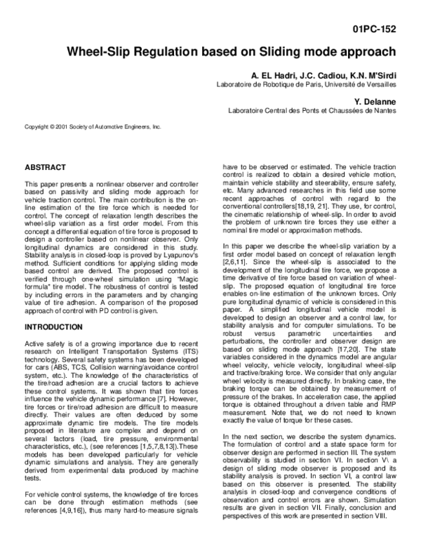 (PDF) Wheel-Slip Regulation Based on Sliding Mode Approach