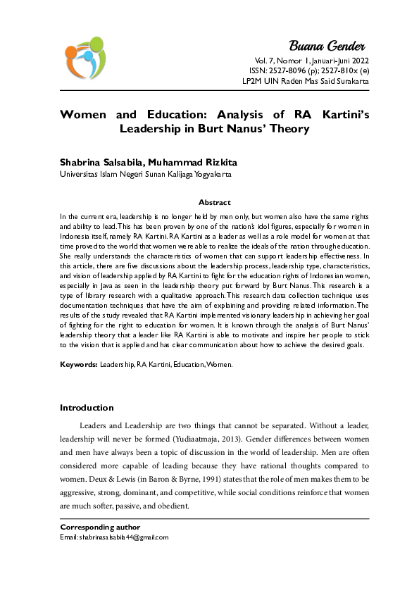 (PDF) Women and Education: Analysis of RA Kartini's Leadership in Burt ...