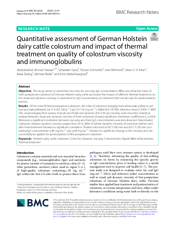(PDF) Quantitative assessment of German Holstein dairy cattle colostrum ...