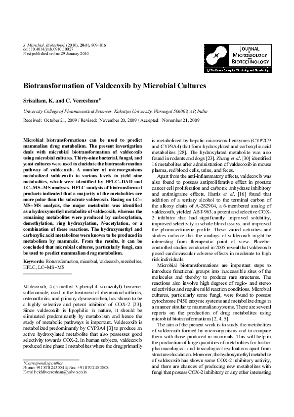 (PDF) Biotransformation of valdecoxib by microbial cultures | ciddi veeresham - Academia.edu
